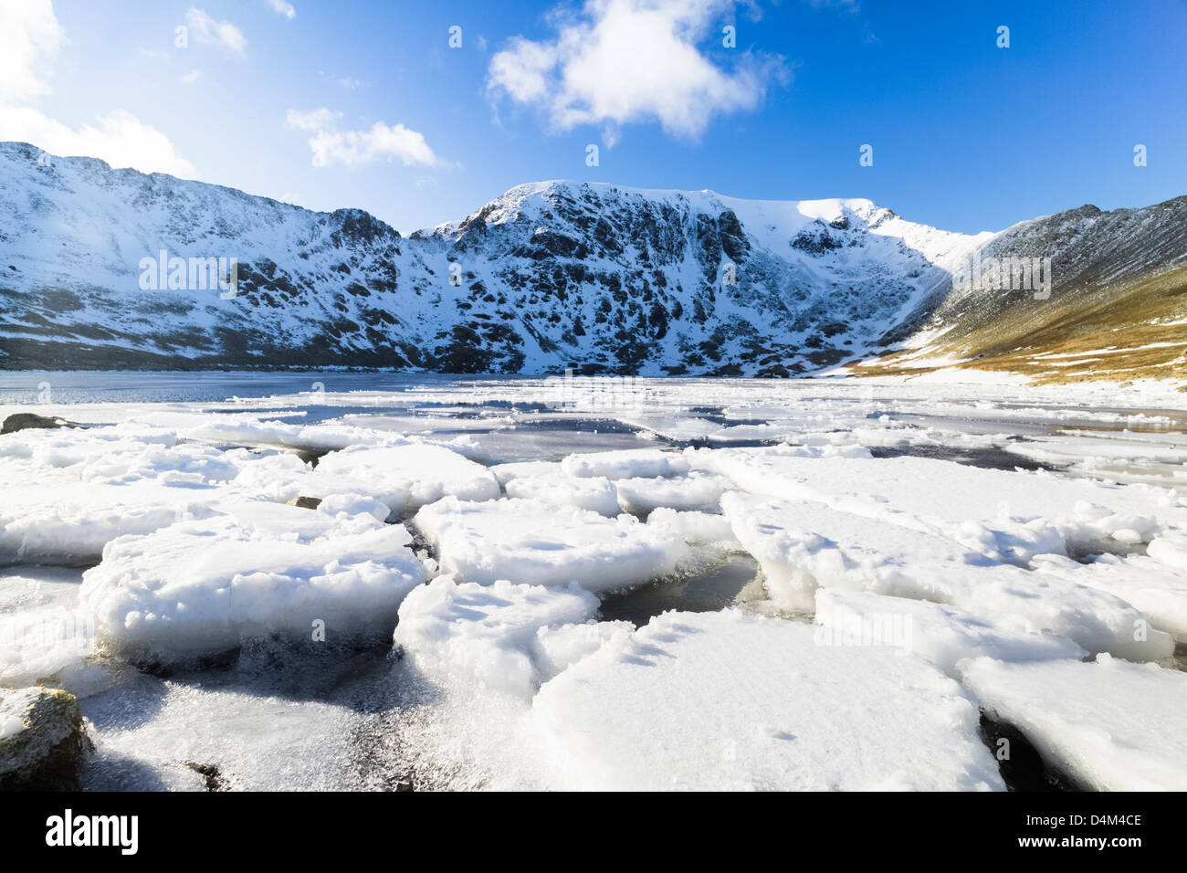 A frozen Red Tarn with Striding Edge, Helvellyn and Swirral Edge in the ...