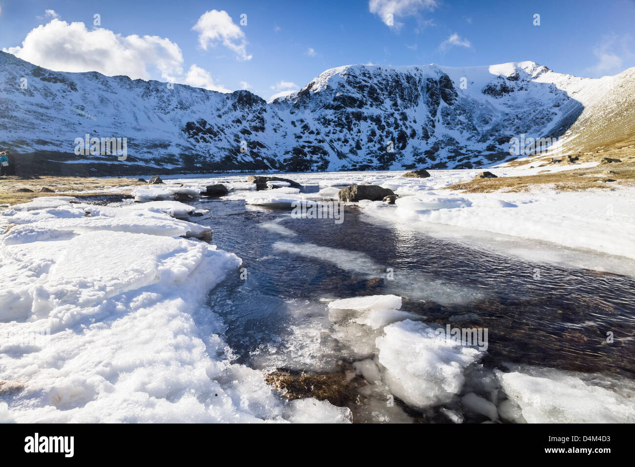 A frozen Red Tarn with Striding Edge, Helvellyn and Swirral Edge in the ...