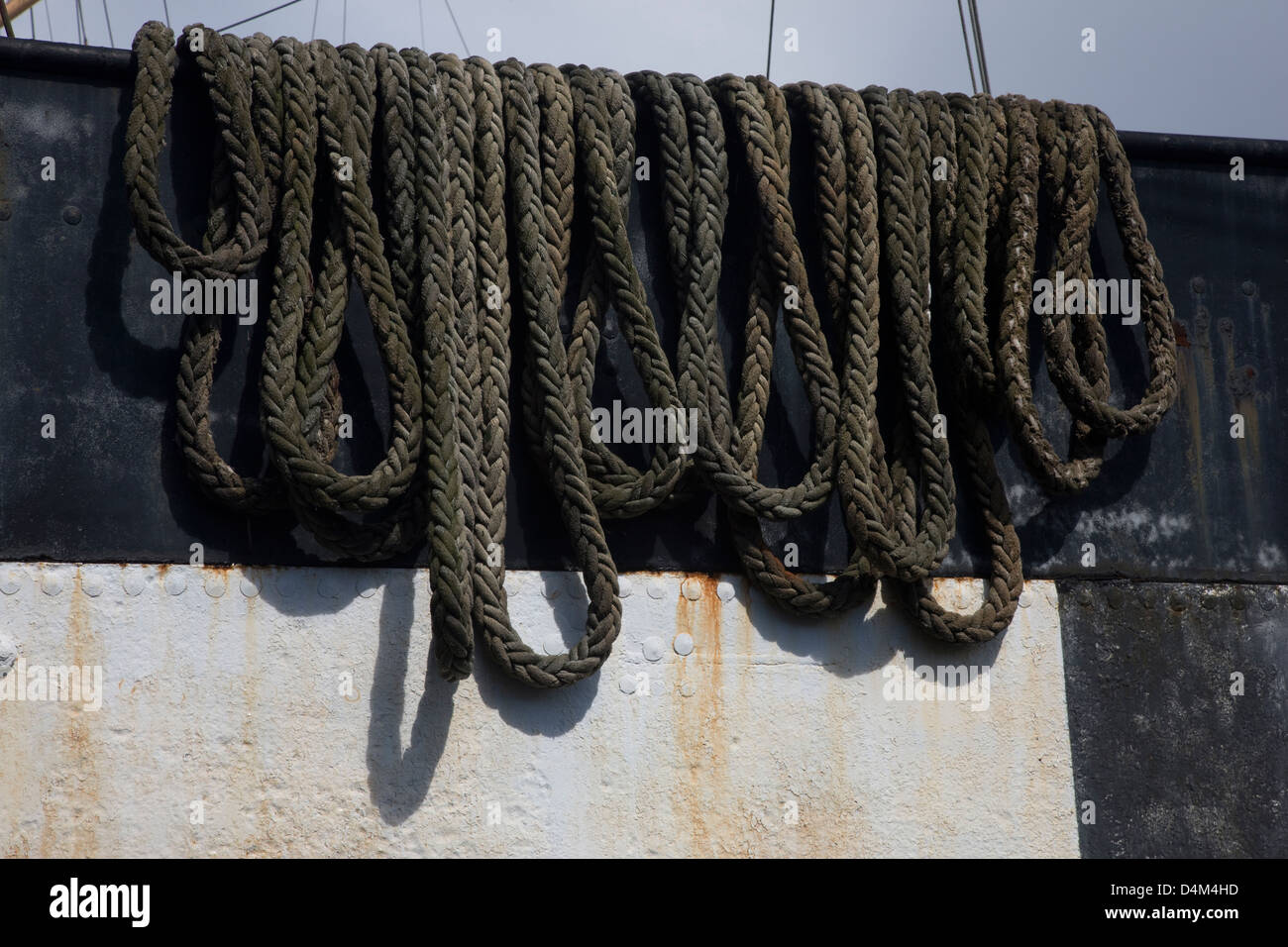 Ropes over the side of the Wavertree, historic iron-hulled sailing ship ...