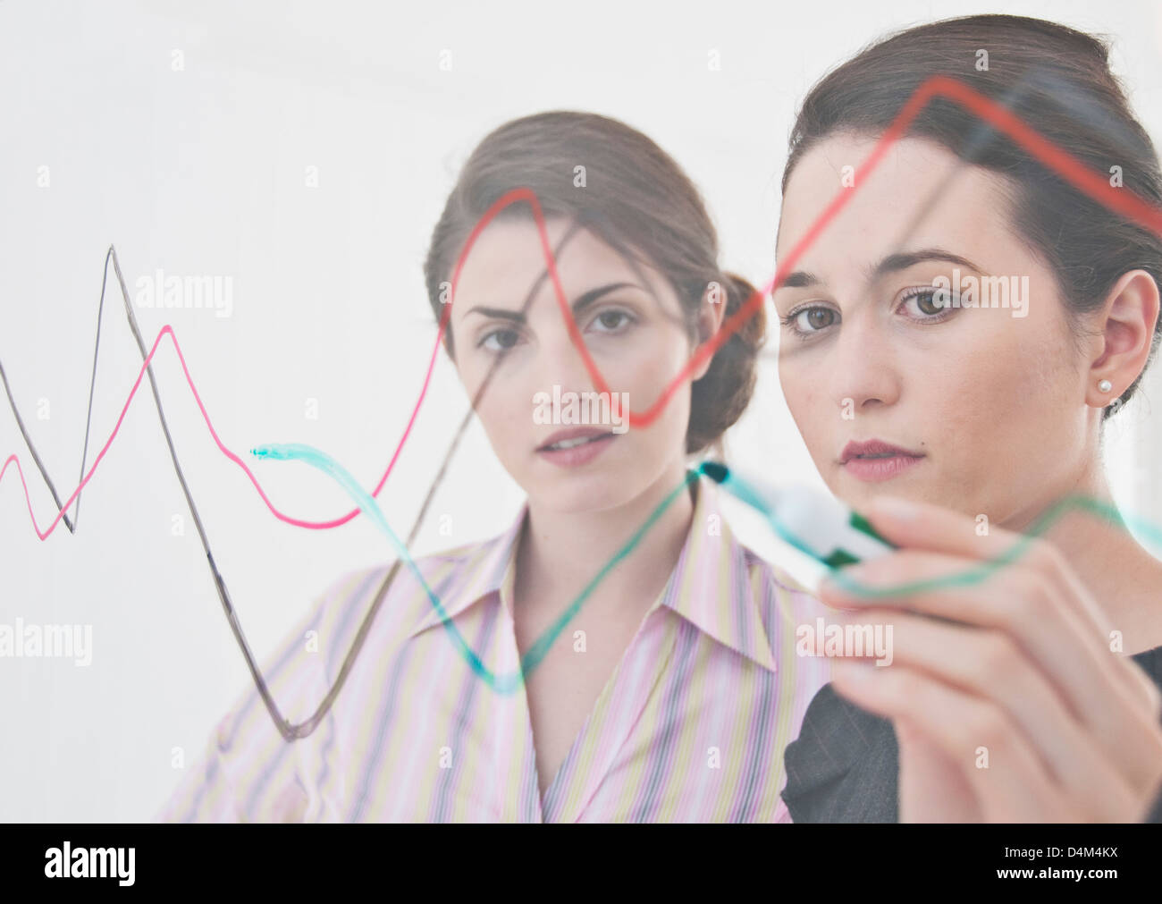 Businesswomen making graph on glass Stock Photo - Alamy