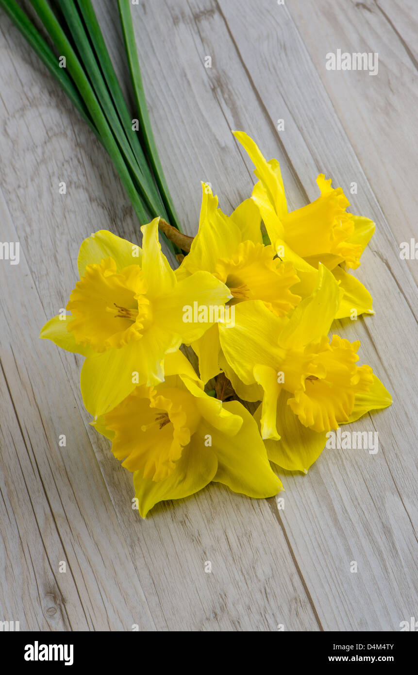 Yellow jonquil flowers on wooden background Stock Photo - Alamy