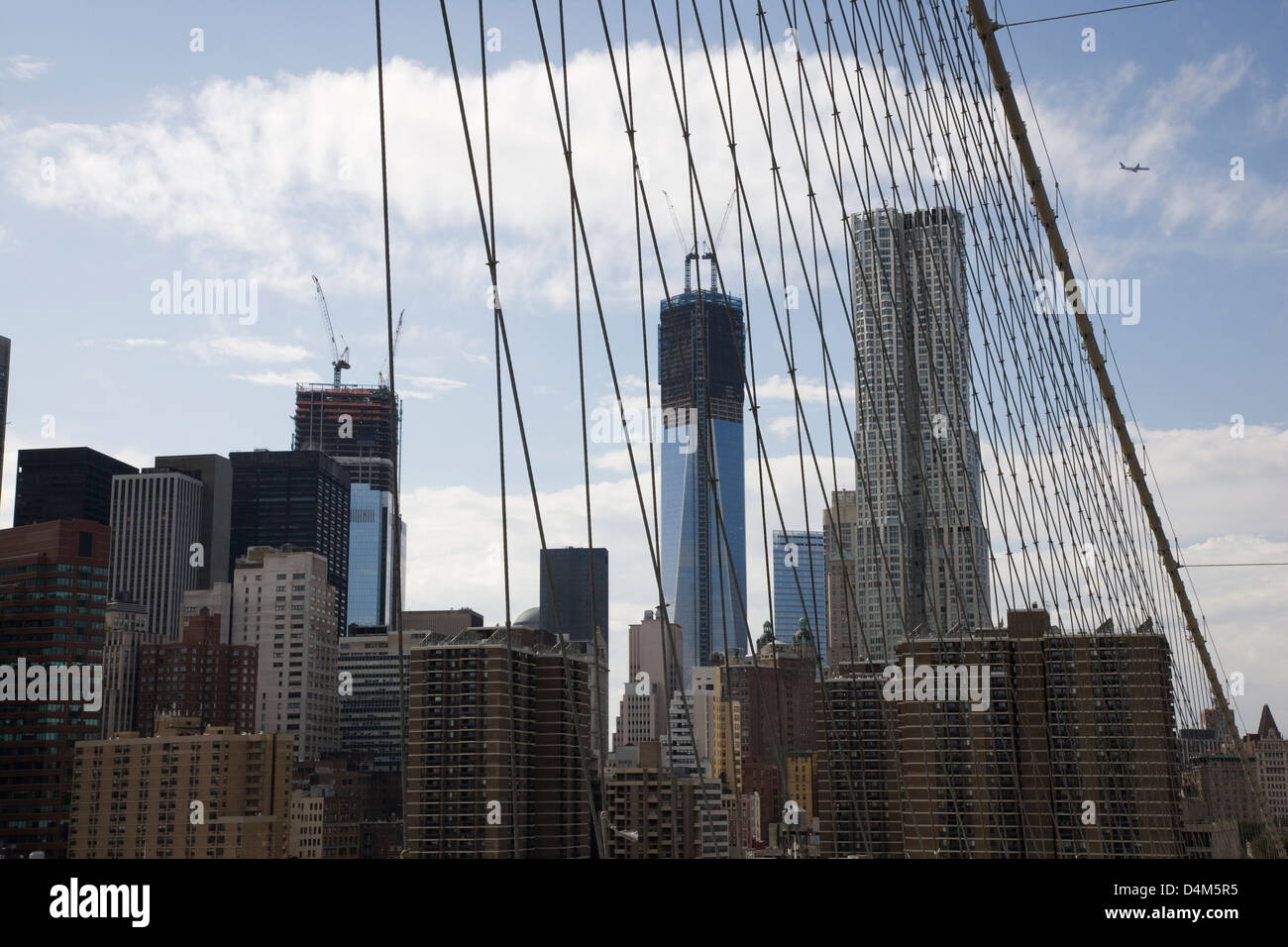 World Trade Centre towers under construction viewed through the cables ...