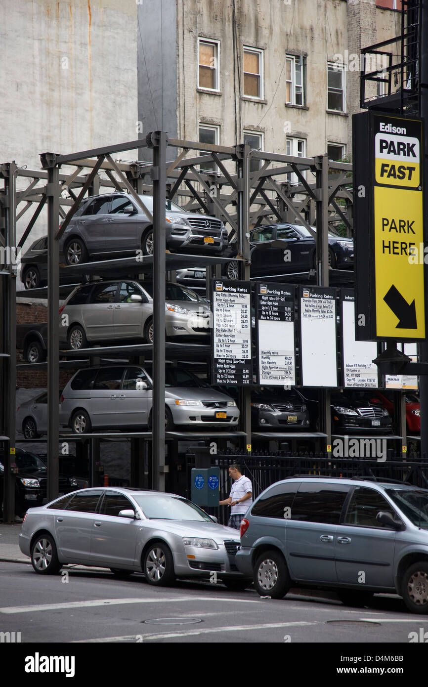 Stacked parking racking car park in Chinatown, New York Stock Photo - Alamy