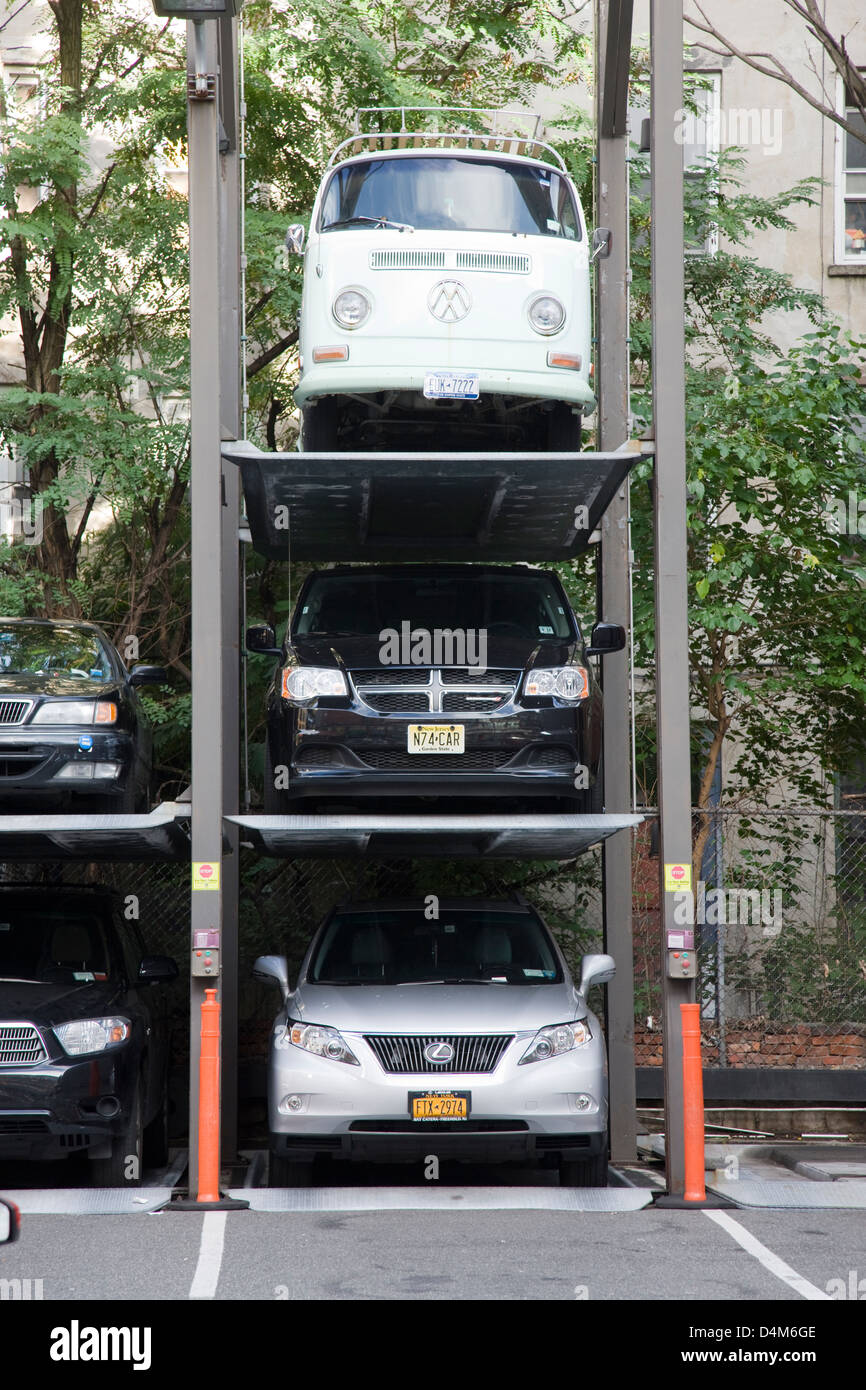 Stacked parking racking car park in Chinatown, New York Stock Photo - Alamy