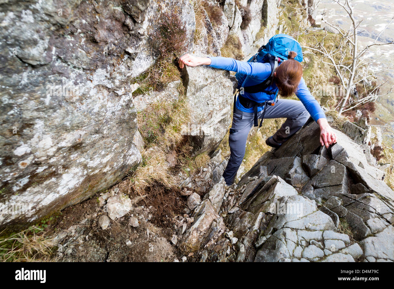 A hiker ascending Jack's Rake on Pavey Ark in the Lake District Stock ...