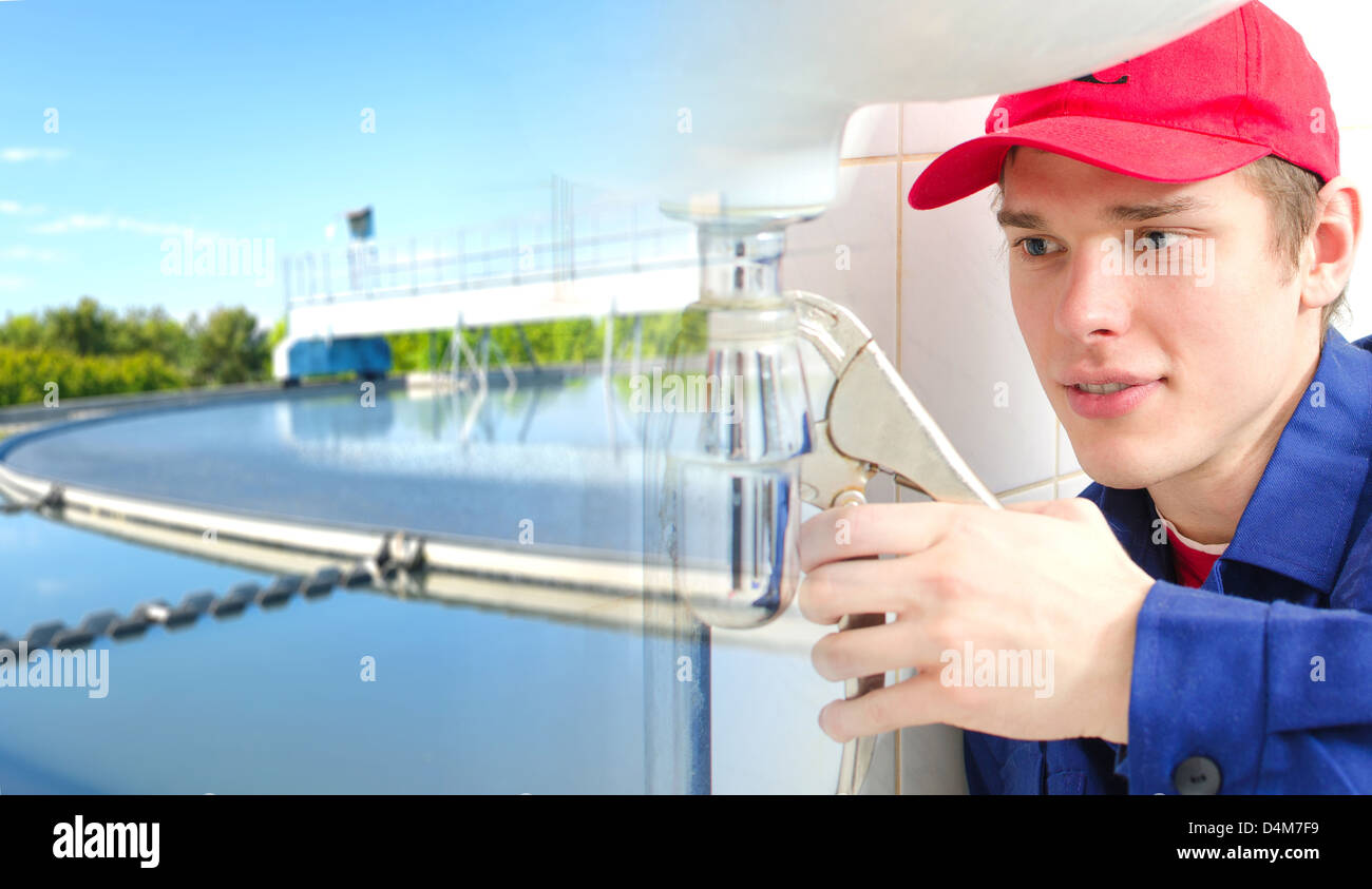 Plumber in uniform repairing old pipeline. Collage Stock Photo - Alamy