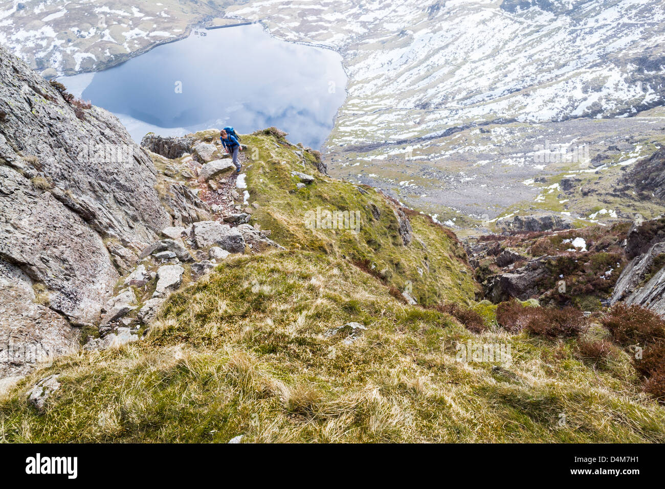 A hiker ascending the final section of Jack's Rake on Pavey Ark in the ...