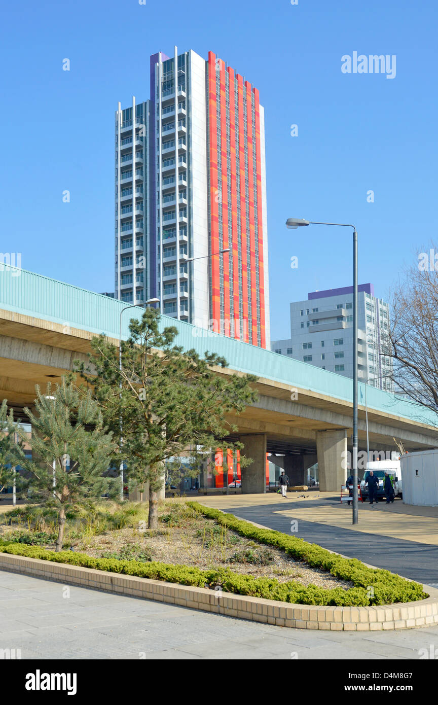 Urban street landscape with high rise modern housing development of ...