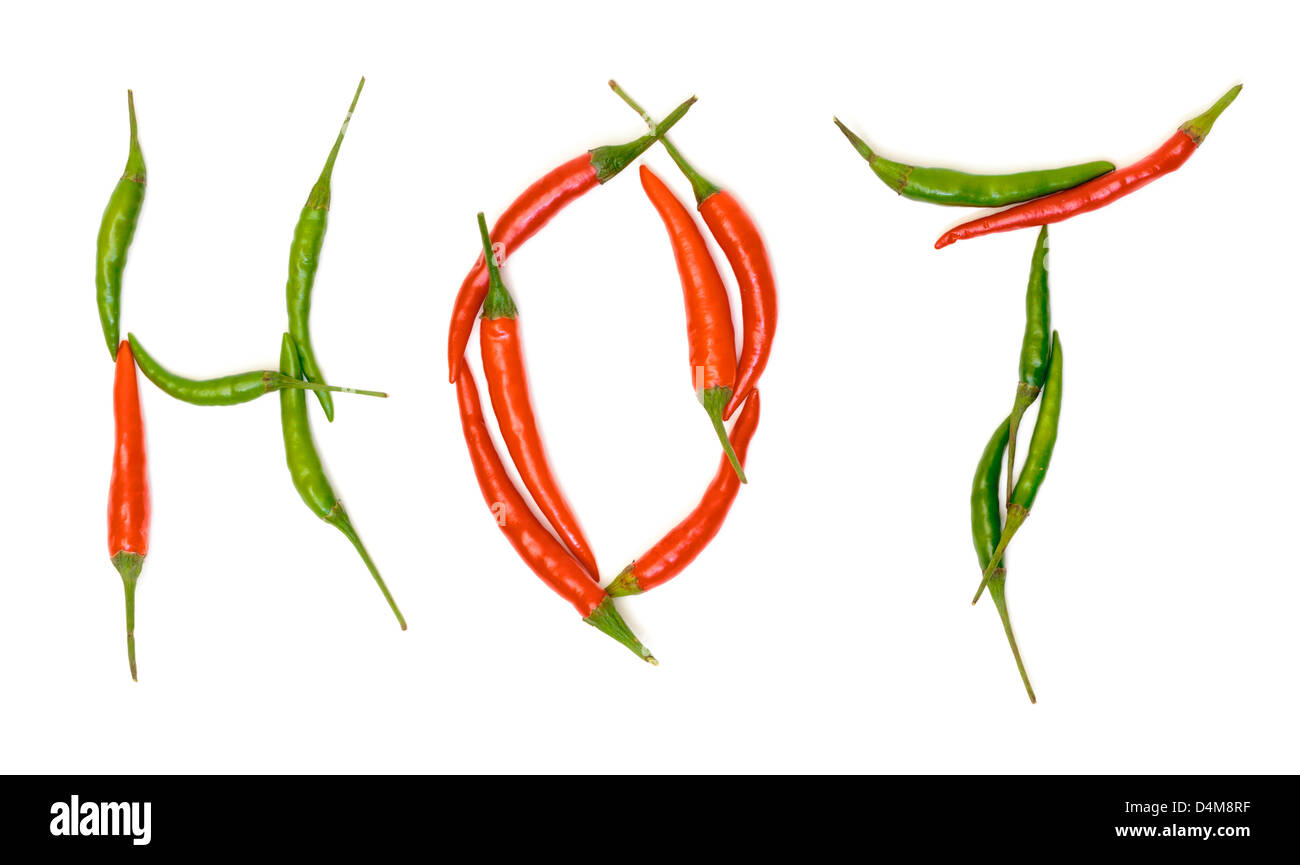 Word "Hot" from Red and Green Chilli Hot Peppers on white background ...