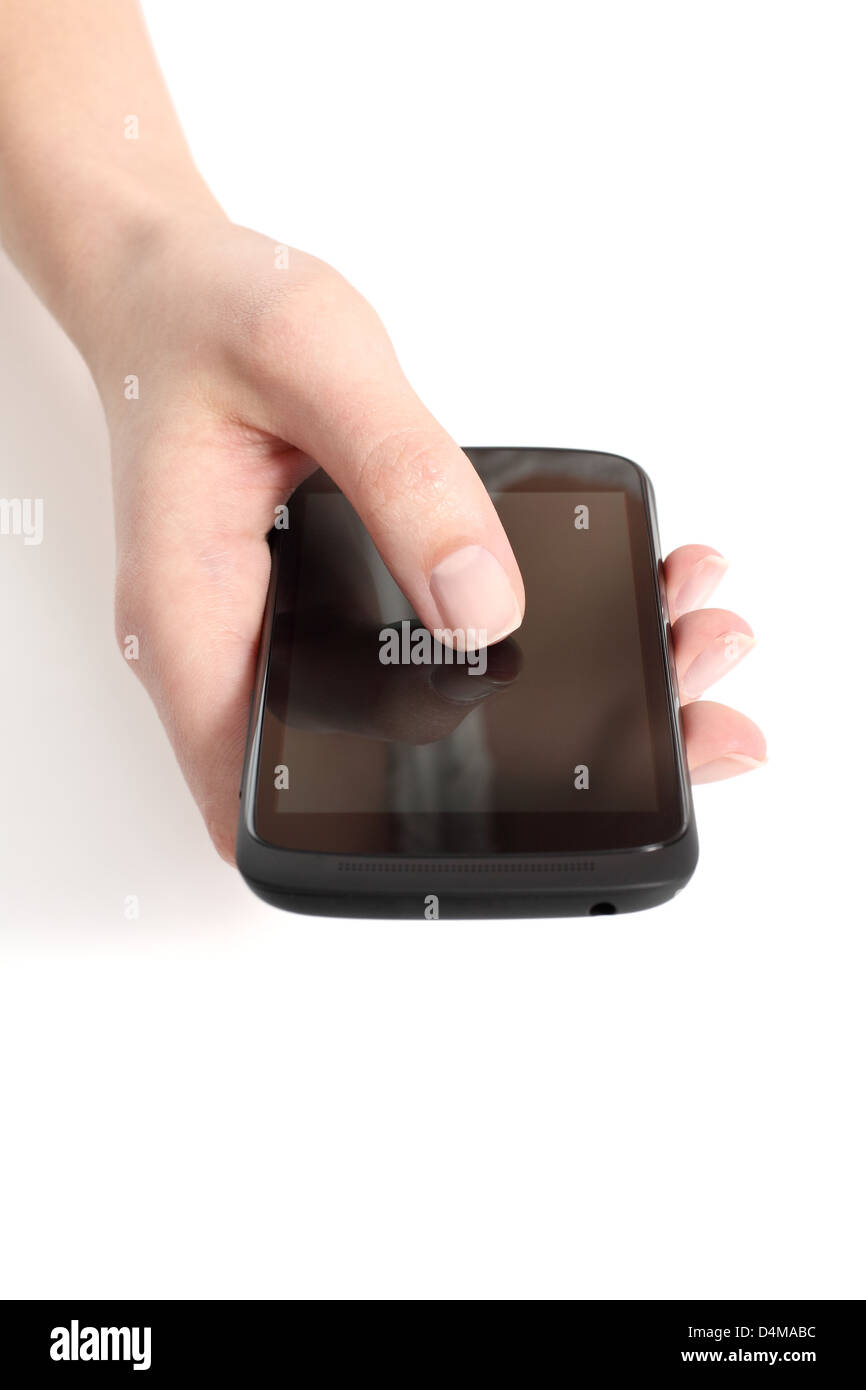 Woman hand touching a touch screen of a mobile phone with her thumb on ...