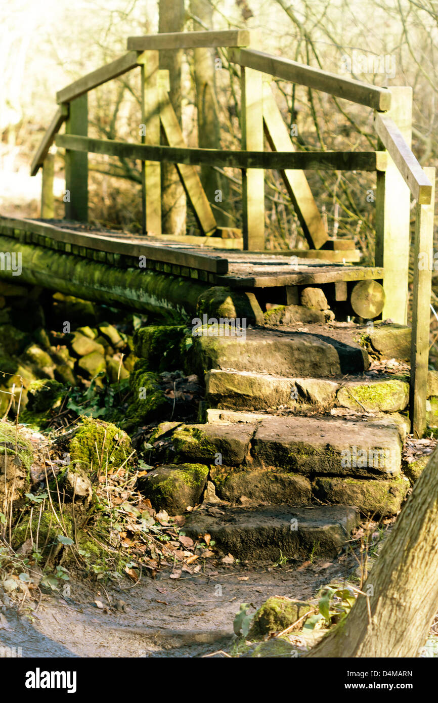 Wooden bridge over a stream with handrail to one side only Stock Photo ...