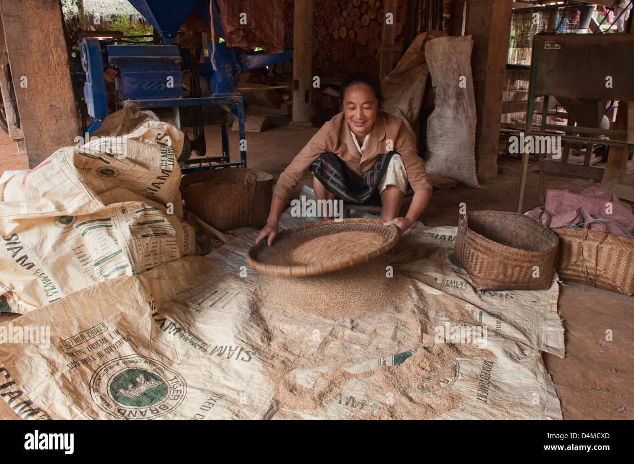 ethnic Khmu woman sifting rice, Luang Nam Tha, Laos Stock Photo - Alamy