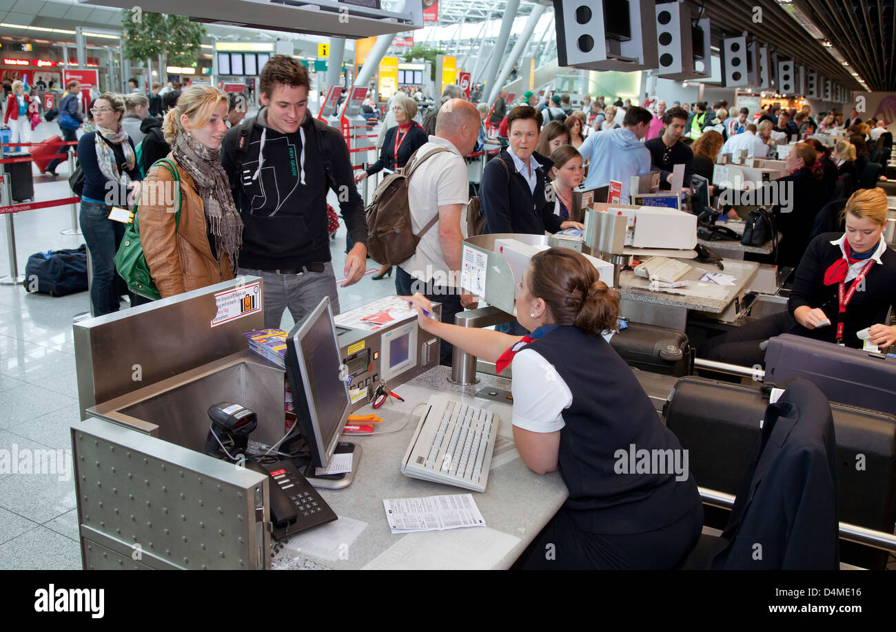 Duesseldorf, Germany, airberlin passengers at check-in desk at the ...