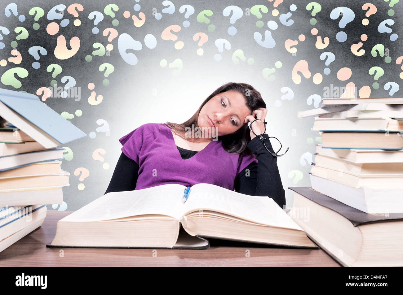 Tired female student have a problems with learning. Selective focus on ...