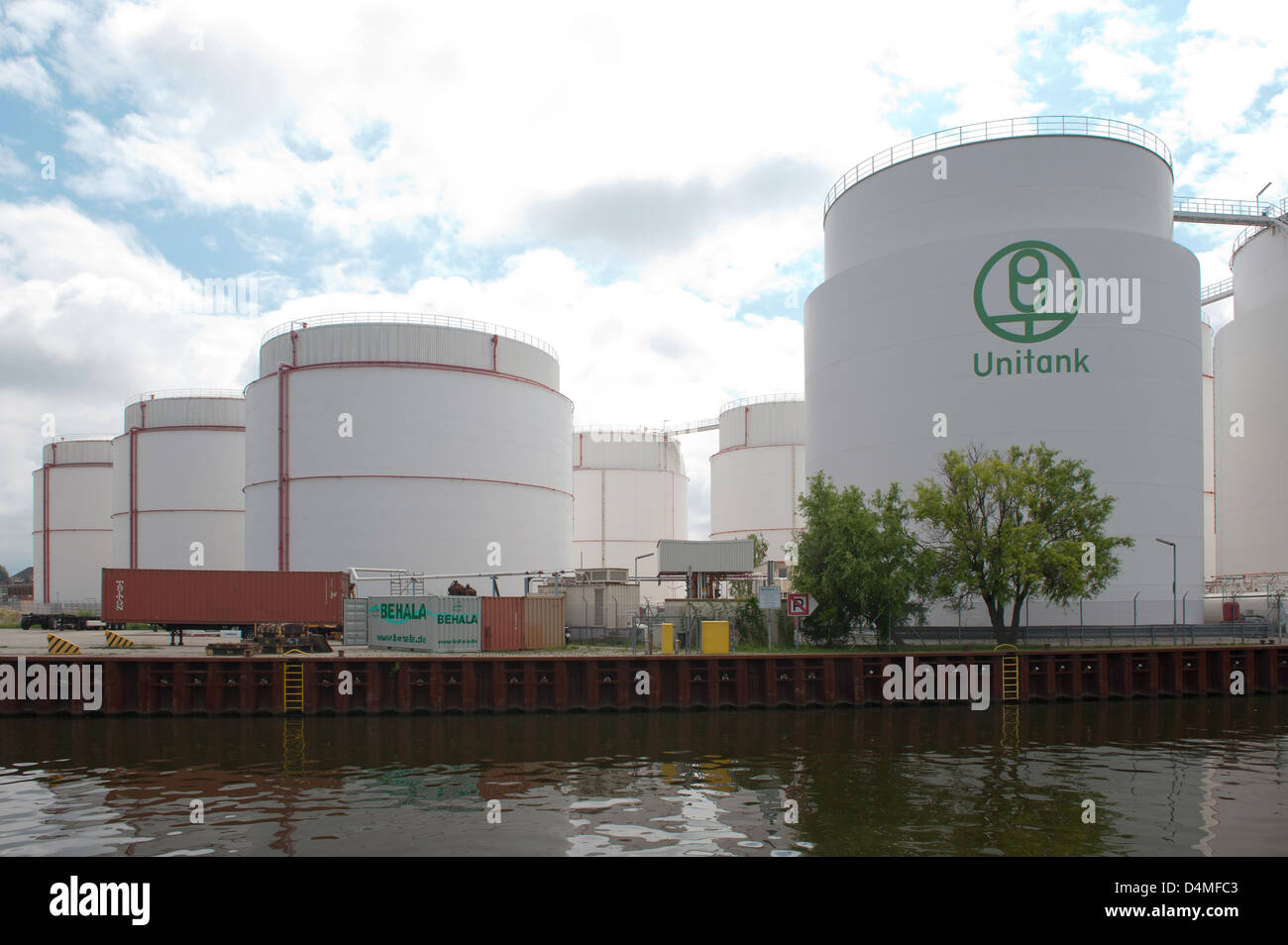 Berlin, Germany, oil tanks in the harbor at West Hohenzollernkanal ...