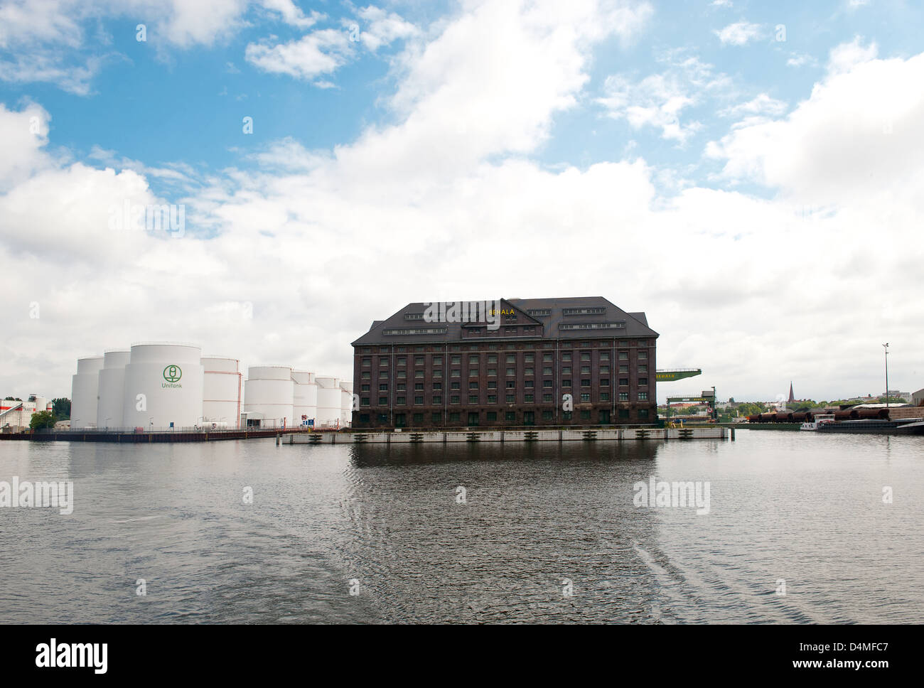 Berlin, Germany, oil tanks in the harbor at West Hohenzollernkanal ...