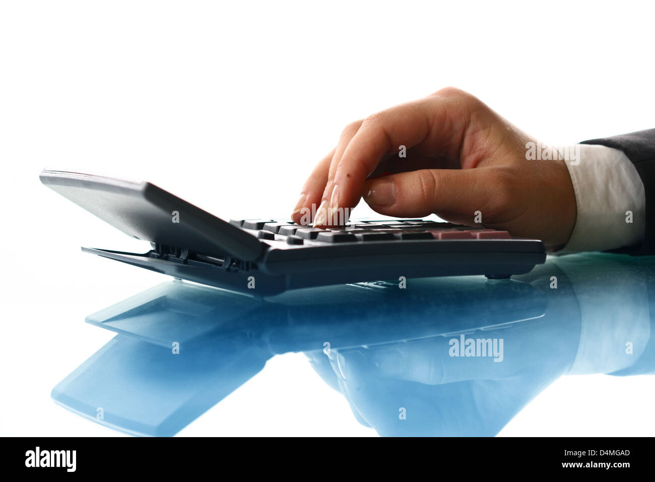 girl hand calculate on white background Stock Photo - Alamy