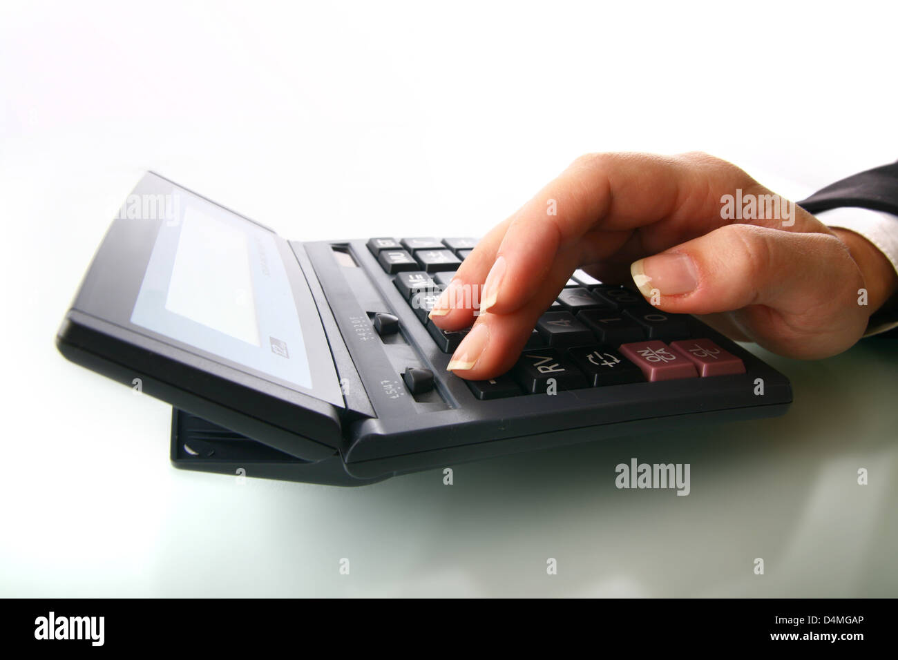 girl hand calculate on white background Stock Photo - Alamy