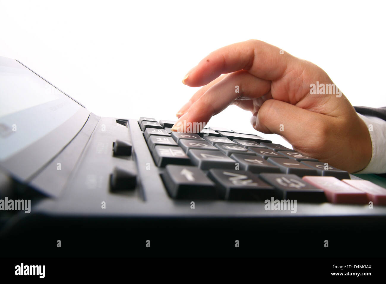 girl hand calculate on white background Stock Photo - Alamy