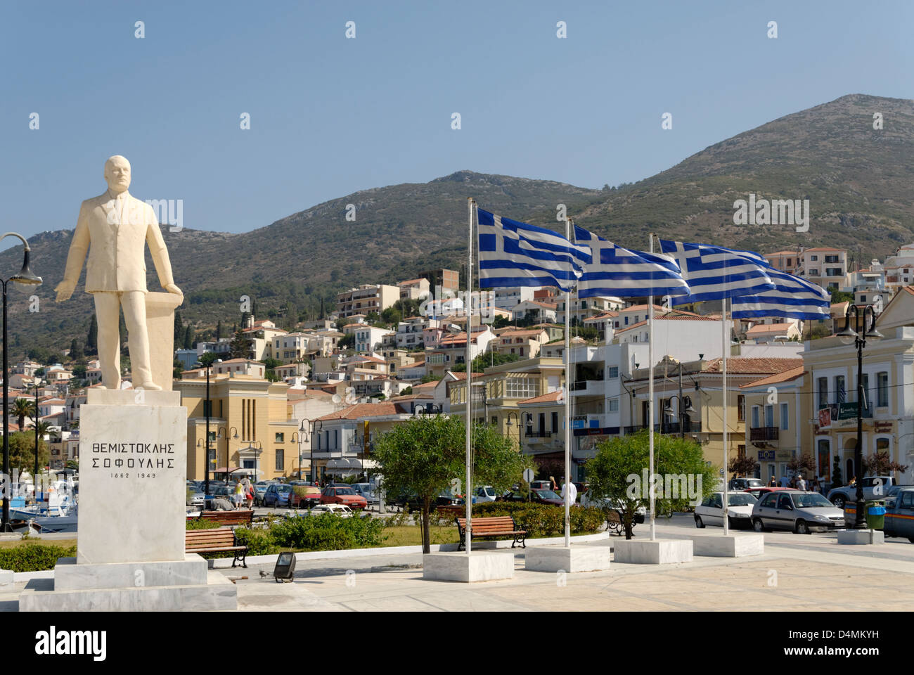 Samos. Greece. Themistoklis Sophoulis monument with four flags of ...