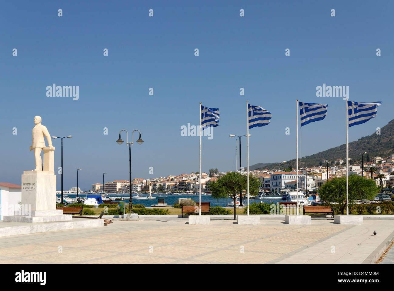 Samos. Greece. Themistoklis Sophoulis monument with four flags of ...
