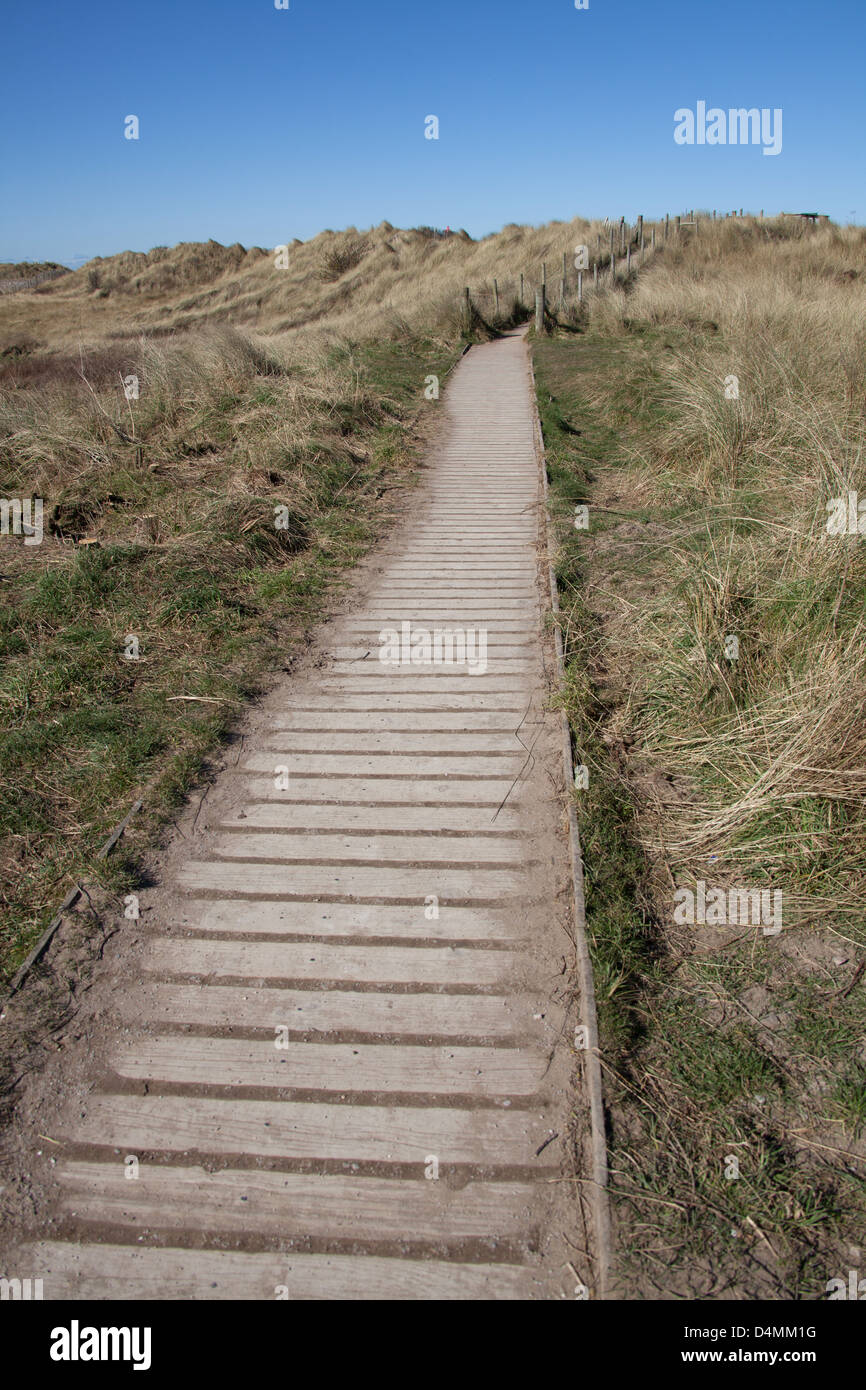 The Wales Coastal Path in North Wales. The boardwalk on Talacre sand ...