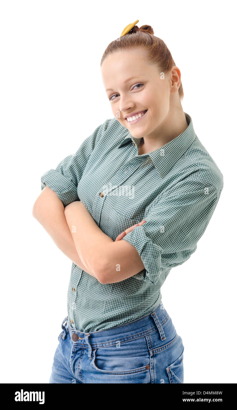 Portrait of a friendly young woman on white background Stock Photo - Alamy