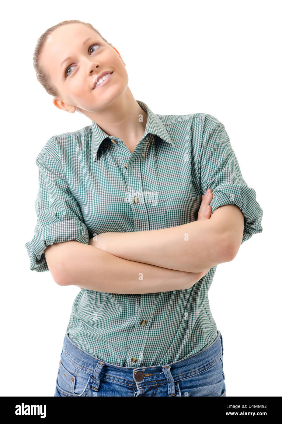 Portrait of a friendly young woman on white background Stock Photo - Alamy