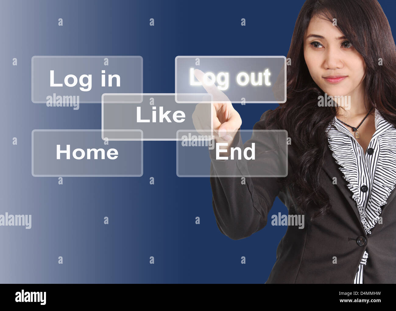 Business woman push her finger log out button on touchscreen Stock ...