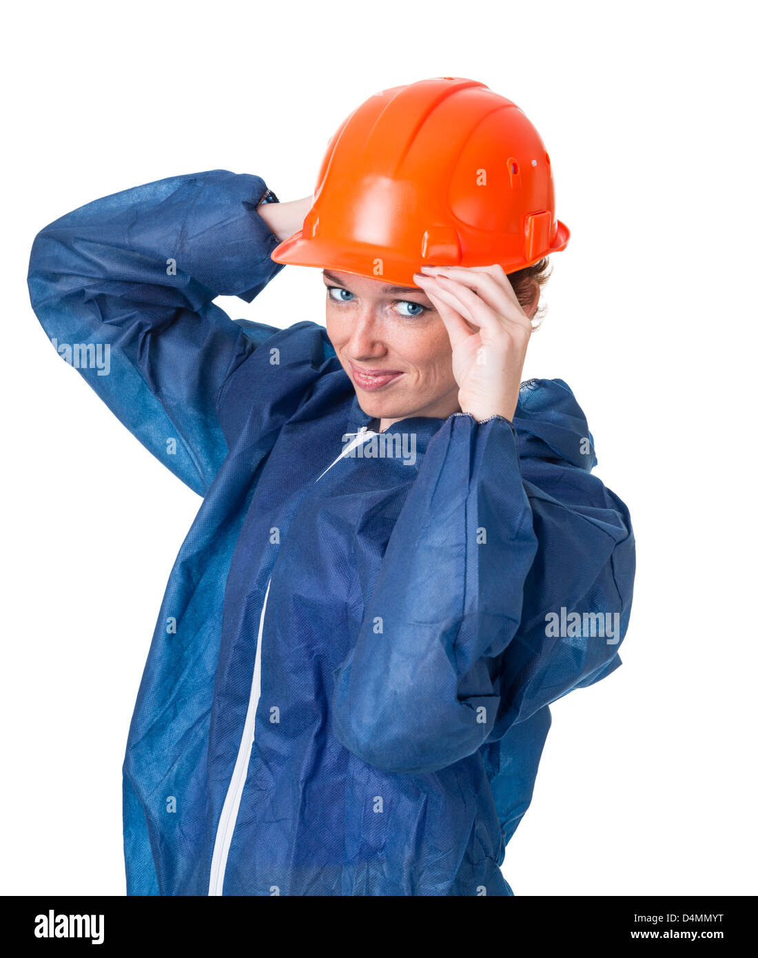 Portrait of a woman in protective clothing and helmet. Isolation on ...