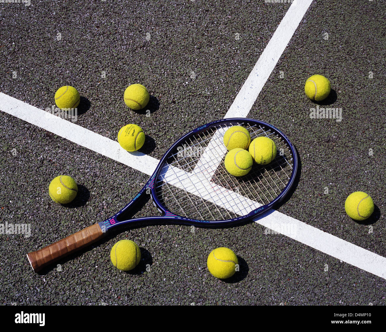 Tennis court with racket and balls, England Stock Photo - Alamy