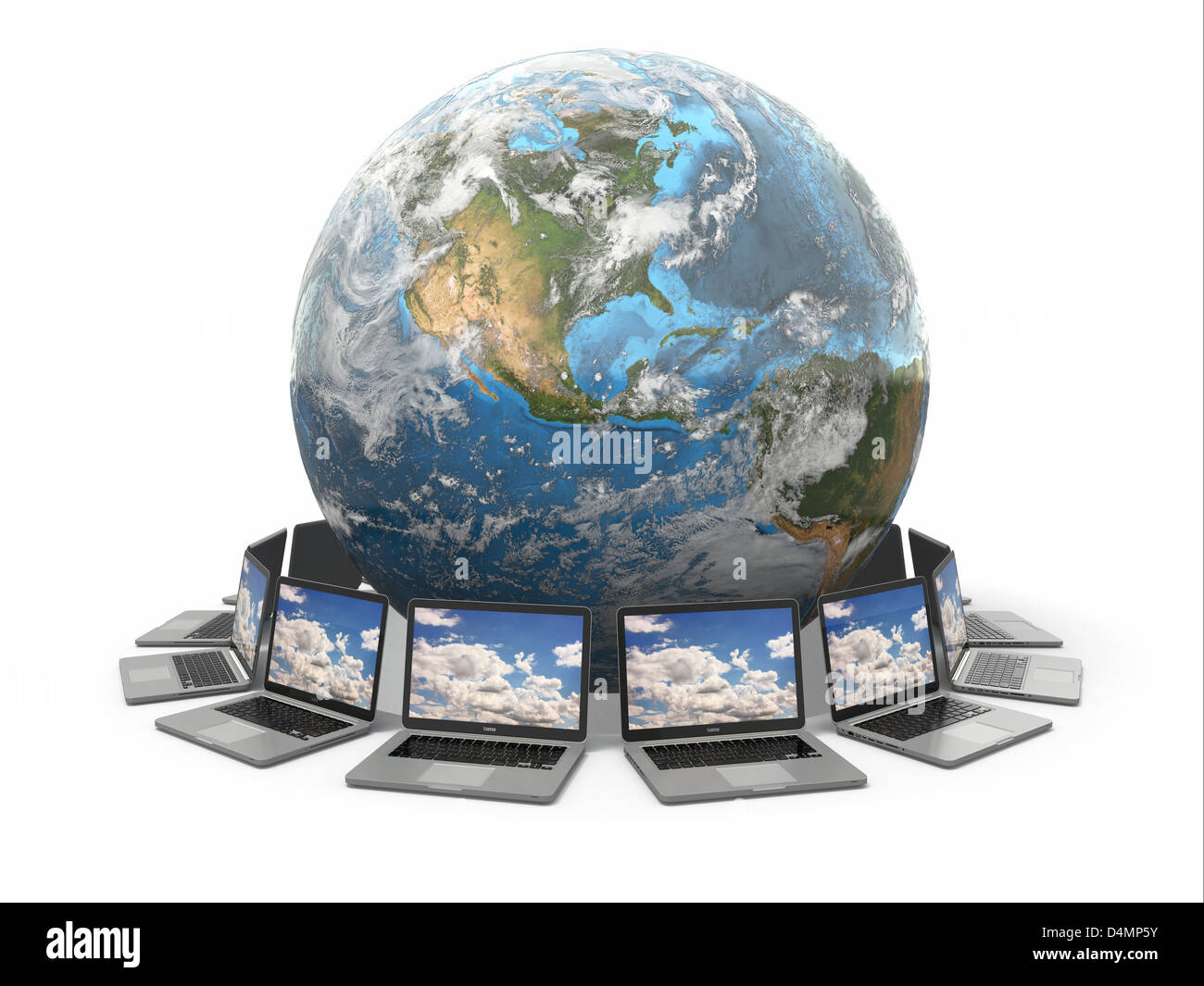 Internet. Global communication. Earth and laptop on white isolated ...