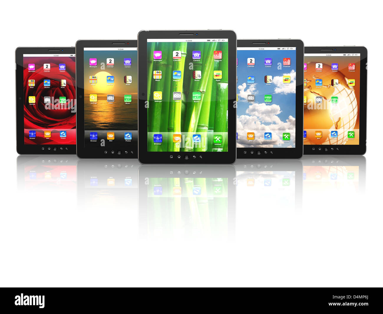 Group of digital tablet pc with different screen backgrounds. 3d Stock ...