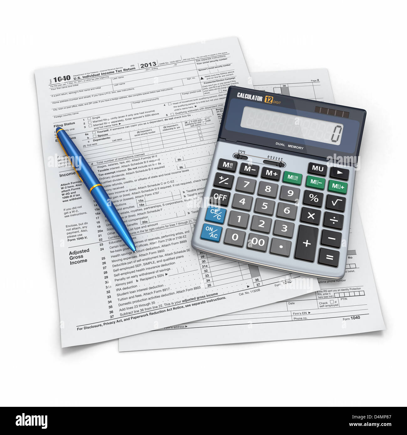 Tax Return 1040, calculator and pencil on white background. 3d Stock ...
