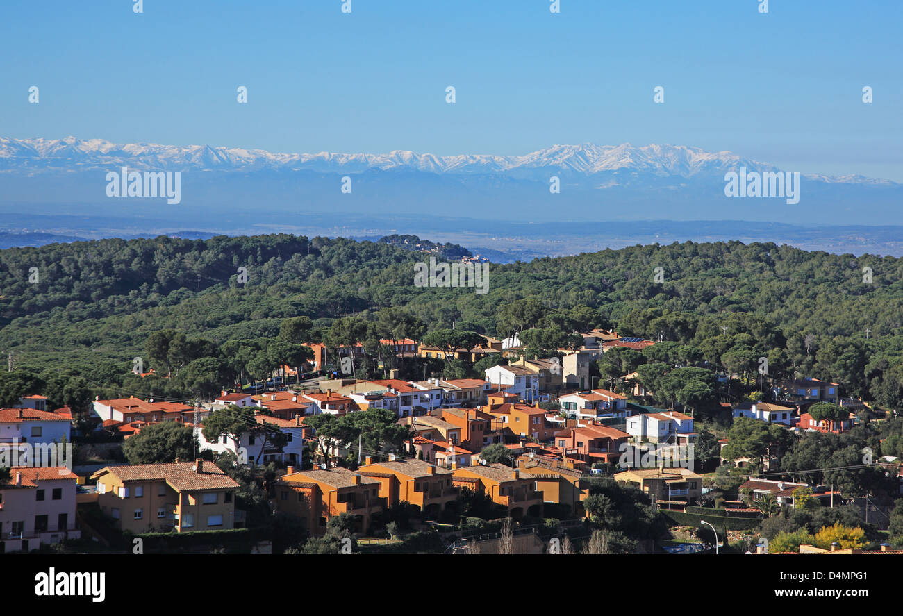 Spain, Catalonia, Costa Brava, view of Pyrenees Mountains from Begur ...