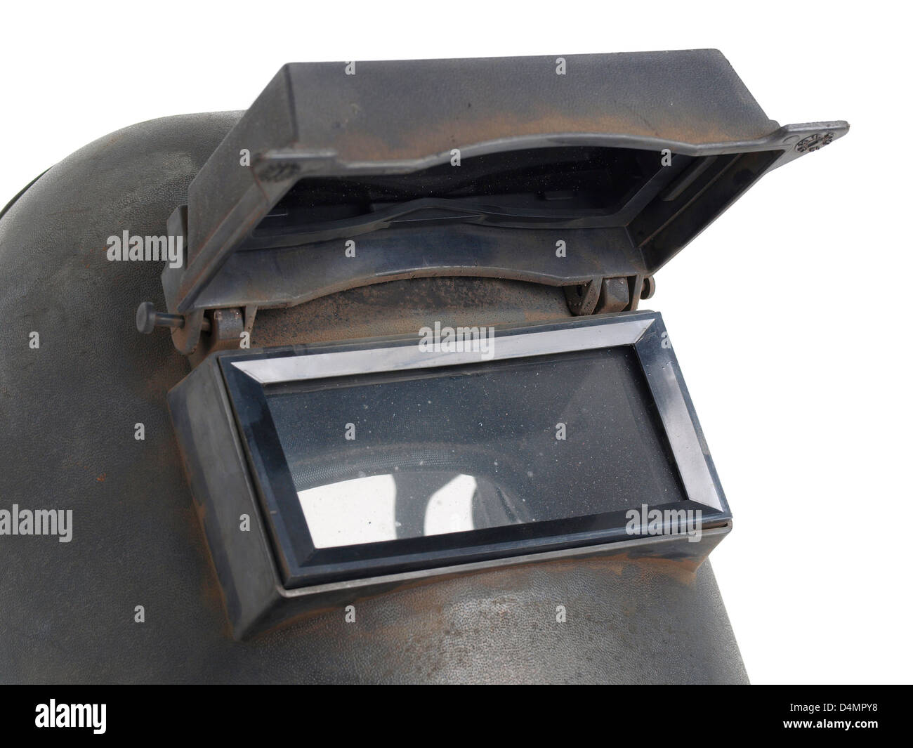 Welding mask detail on white background. The visor is up and you see ...