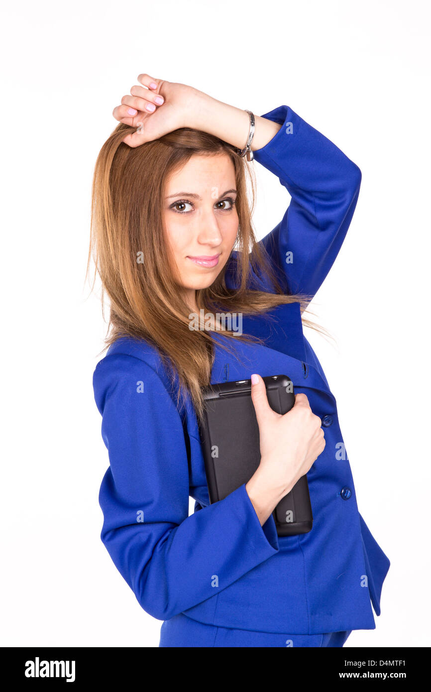 Beautiful business girl in a suit looking very exhausted and tired ...