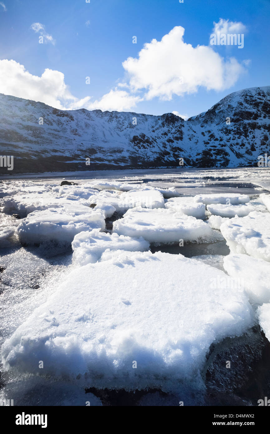 A frozen Red Tarn with Striding Edge and Helvellyn in the distance ...