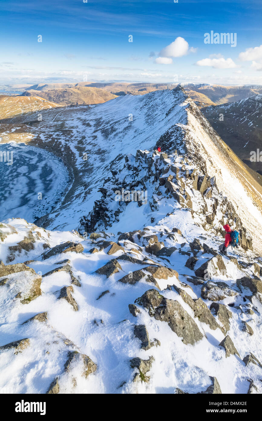 A hiker descending Helvellyn towards Striding Edge and Red Tarn in the ...