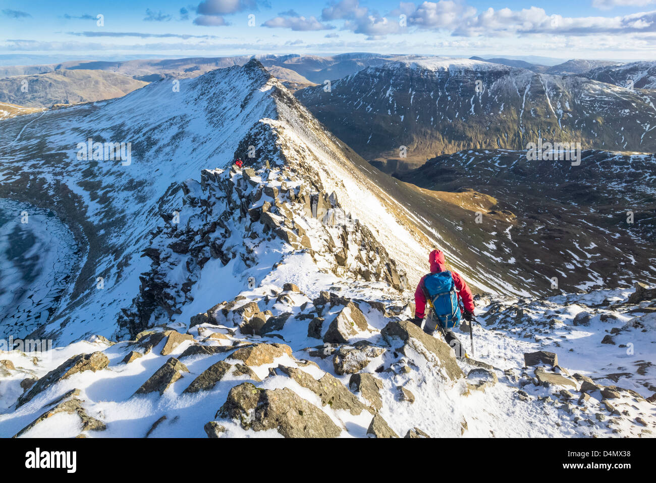 A hiker descending Helvellyn towards Striding Edge and Red Tarn in the ...