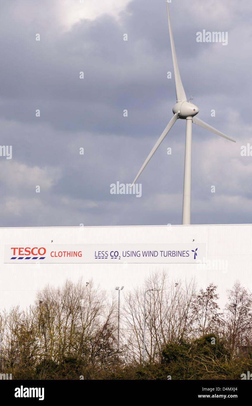 Large wind turbine powering a Tesco Warehouse at DIRFT, Daventry Stock ...