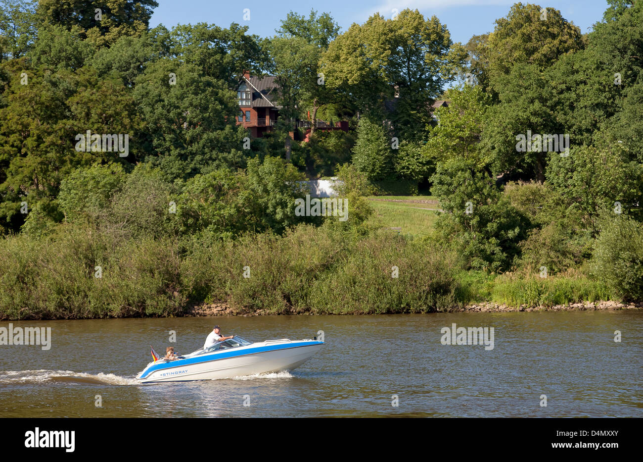Achim, Germany, a motor boat on the river Weser Stock Photo - Alamy