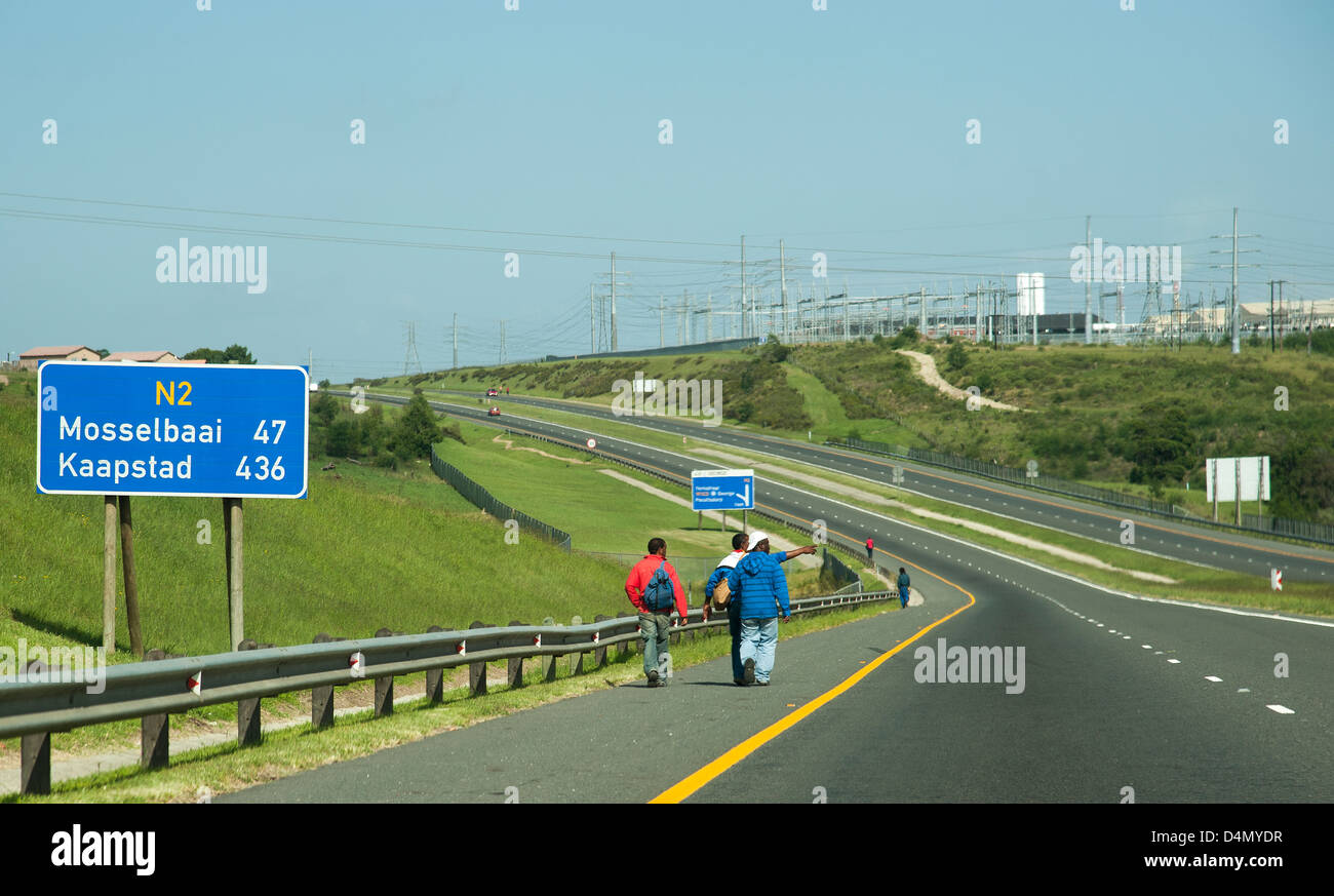 Pedestrians walking on side of N2 motorway Western Cape South Africa ...