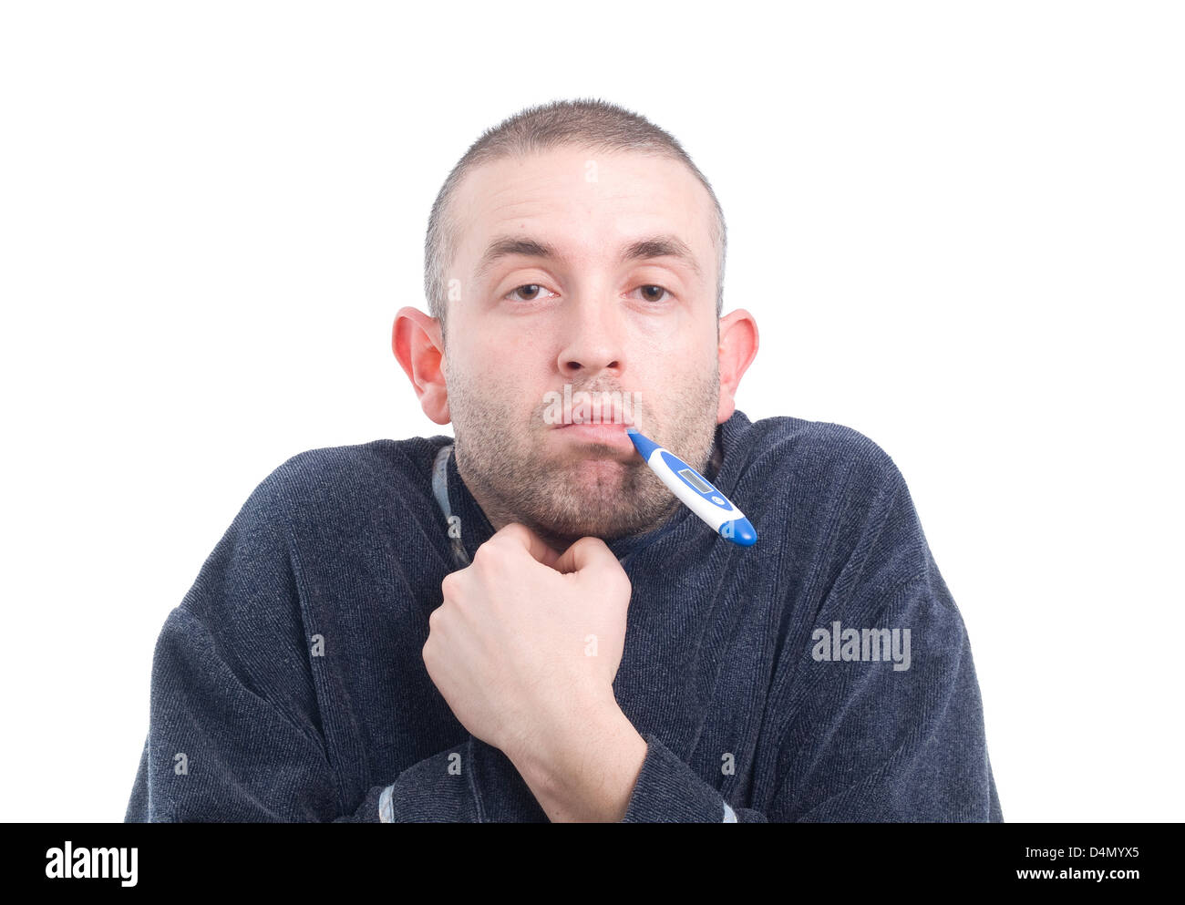 Sick man with thermometer on white background. A normal man, no model ...