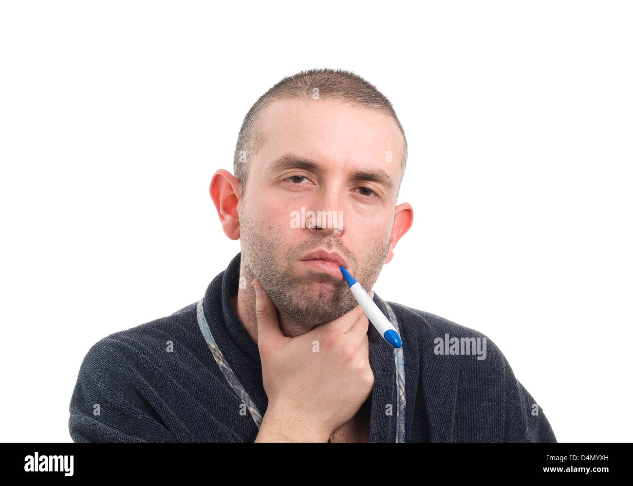 Sick man with thermometer on white background. A normal man, no model ...