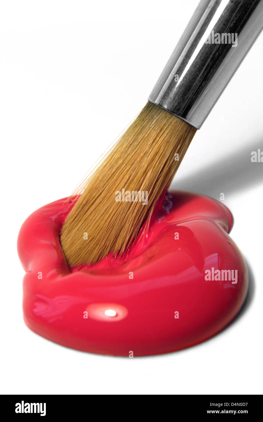 studio photography of fresh red paint and a brush tip in white back ...