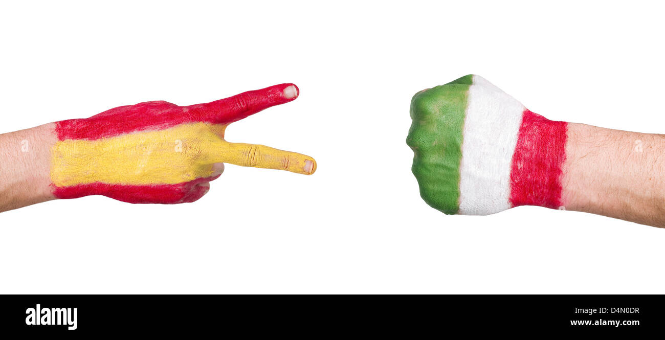 Two hands with flags of Spain and Italy Stock Photo - Alamy