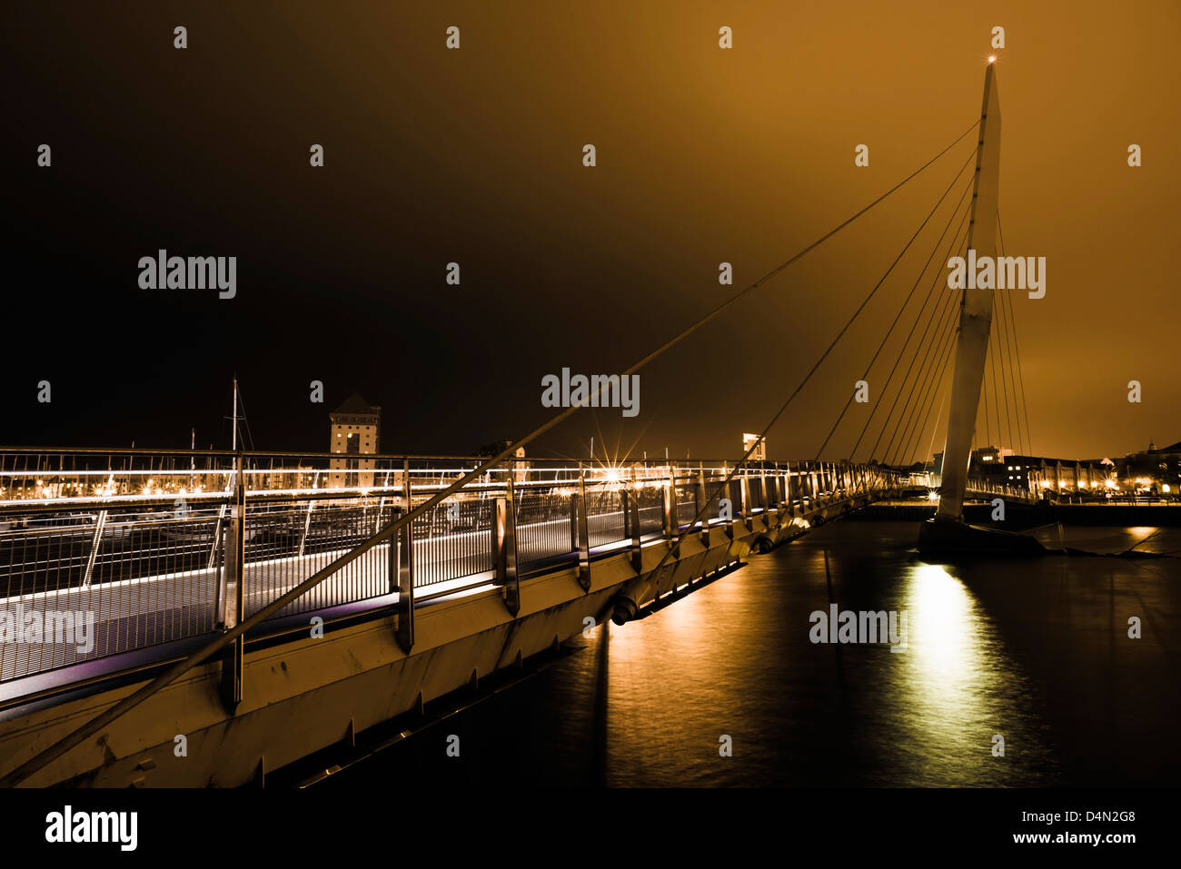 Black and White Swansea Marina Sail Bridge in the evening, Wales Stock ...