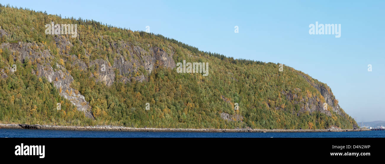 Panoramic view of the hills opposite the port of Murmansk. Kola Bay ...