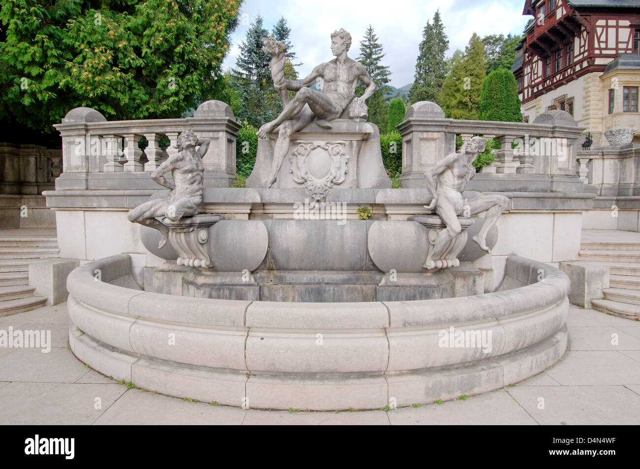 fountain in front of the Peles Castle (Castelul Peles), Transylvania ...